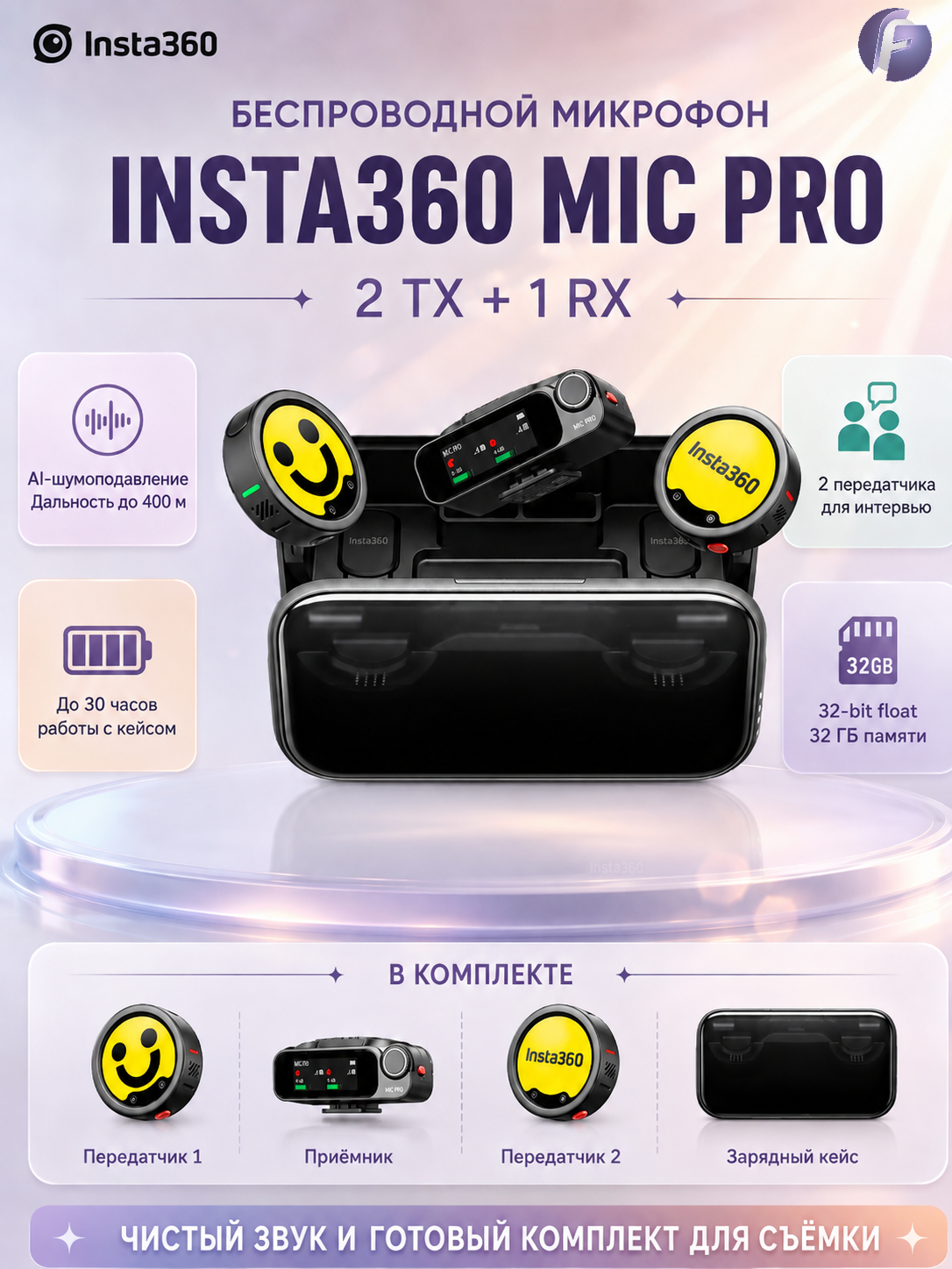 Беспроводной микрофон Insta360 Mic Pro (2TX + 1RX), AI‑шумодав, 32 ГБ, 400 м, Bluetooth 5.4, до 30 ч, USB‑C, Lightning