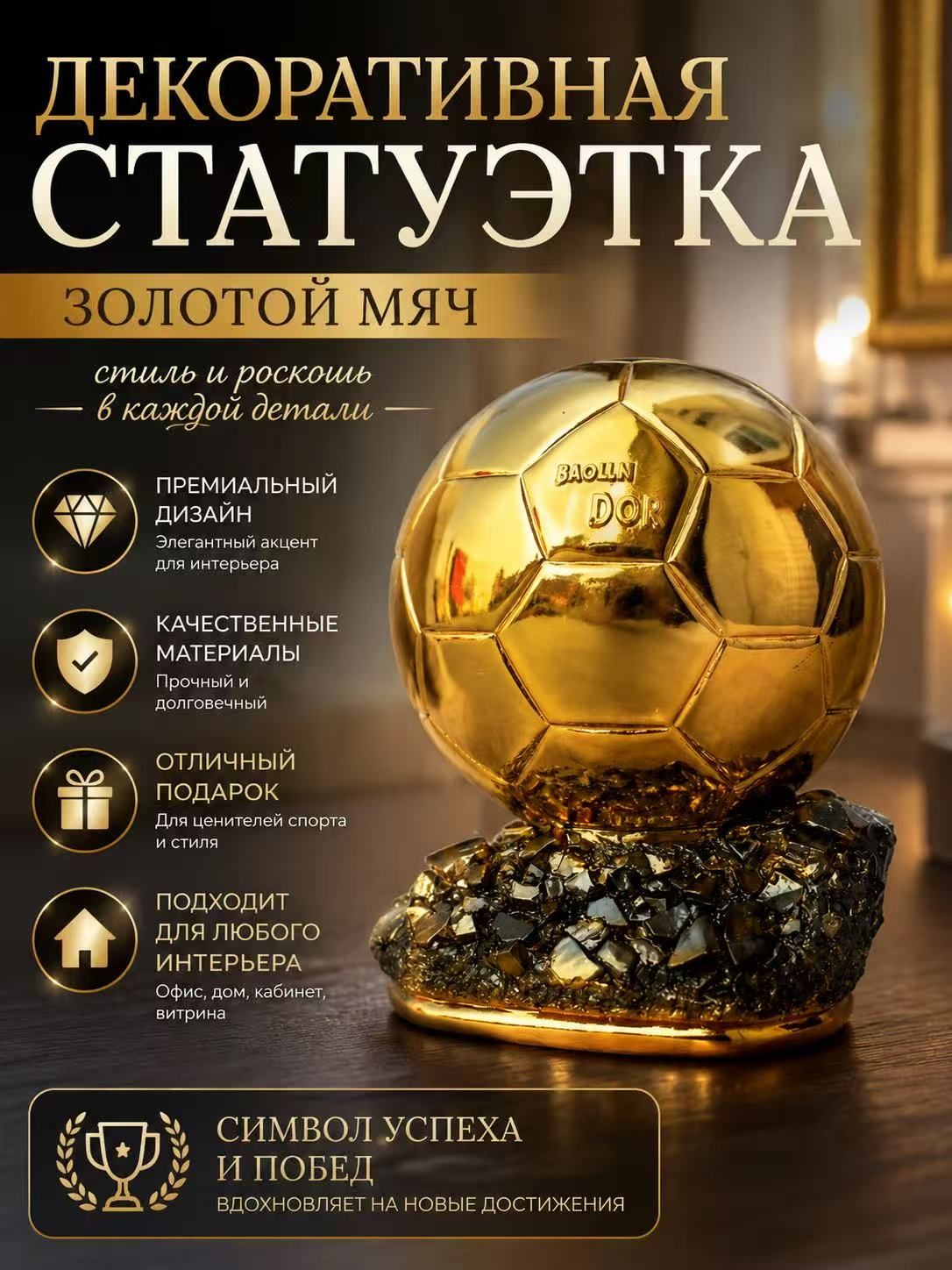 Награда Золотой мяч лучшему игроку 15 см золотистого цвета из искусственного камня