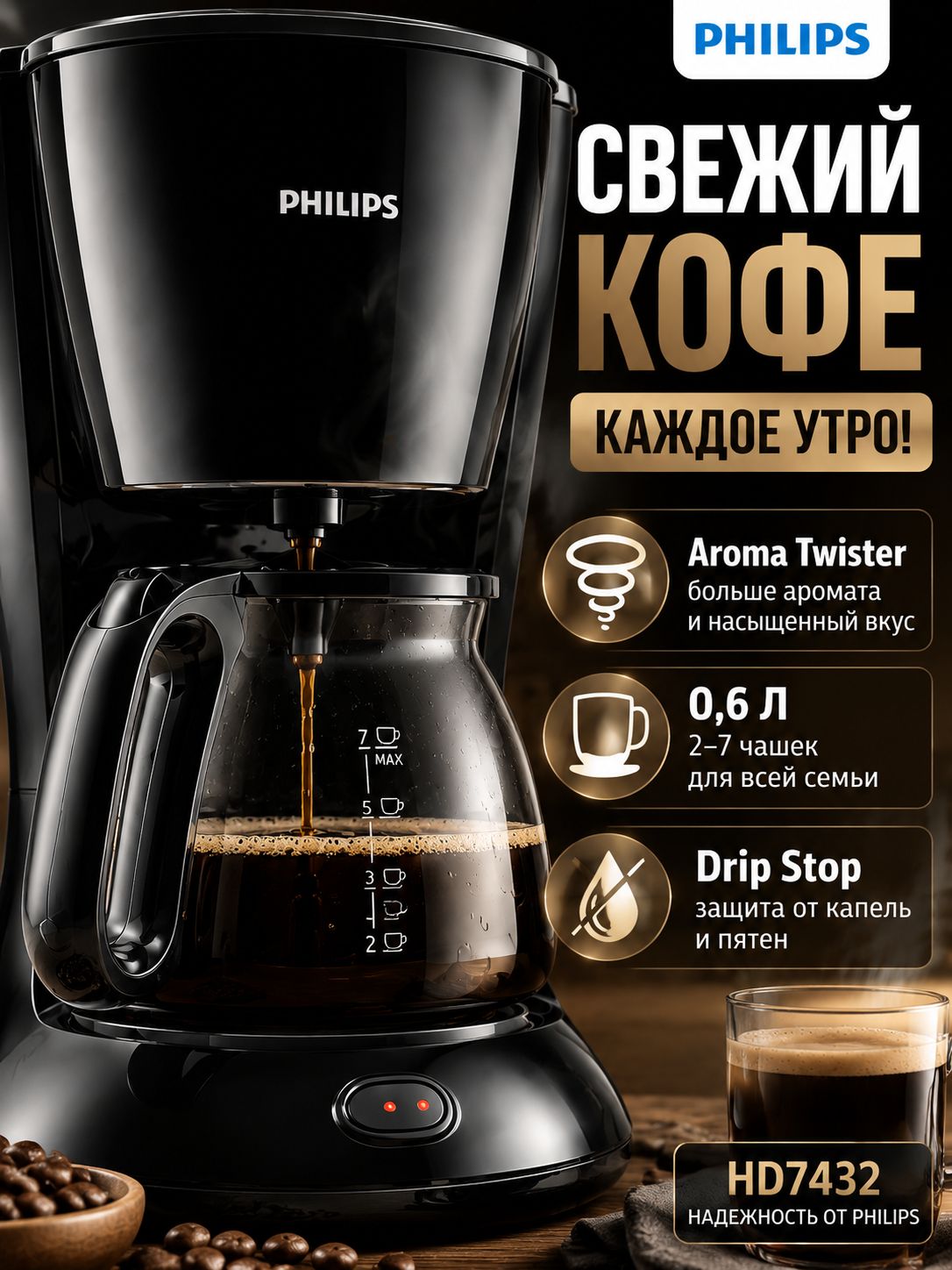 Кофеварка капельная, стеклянная колба, постоянный фильтр, механическое управление, противокапельная система, автоподогрев, черный жемчуг HD7432, 0.6 л, 750 Вт