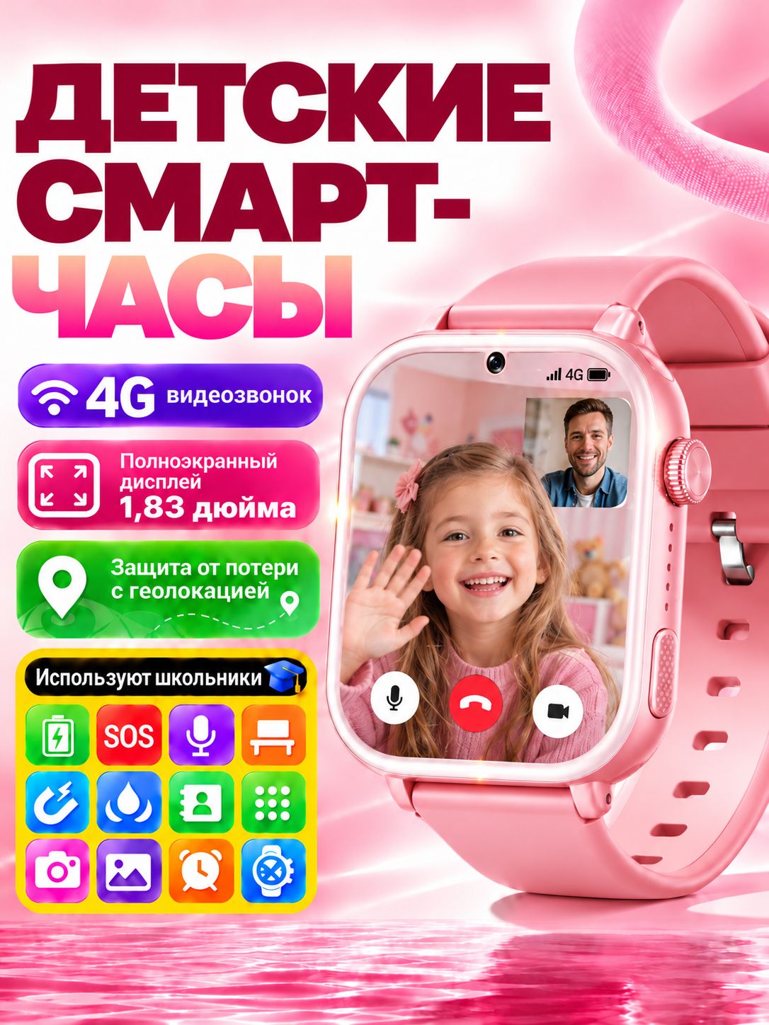 Смартчасы телефон для детей 4G, видеозвонок, GPS LBS WiFi геолокация, SOS кнопка, родительский контроль, магнитная зарядка, водозащита, экран 1.83 дюйма для мальчиков девочек