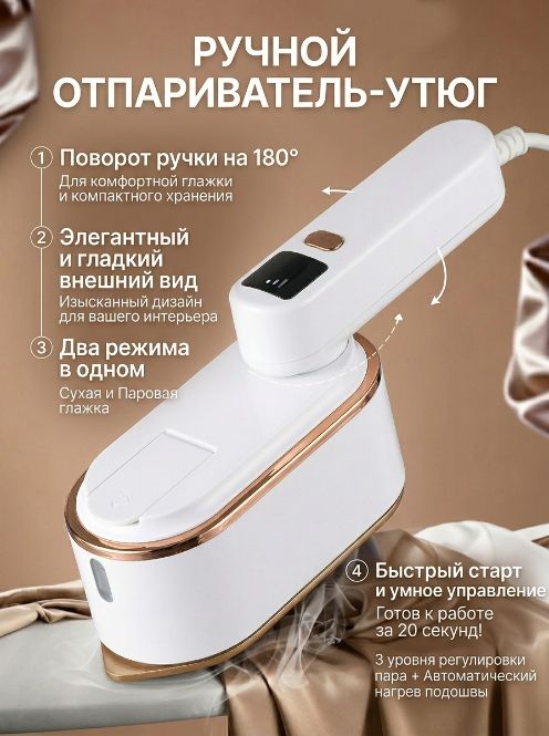 Ручной отпаривательутюг портативный, 180 поворот ручки, сухая/паровая глажка, быстрый старт 20 сек, для дома поездок разглаживания одежды