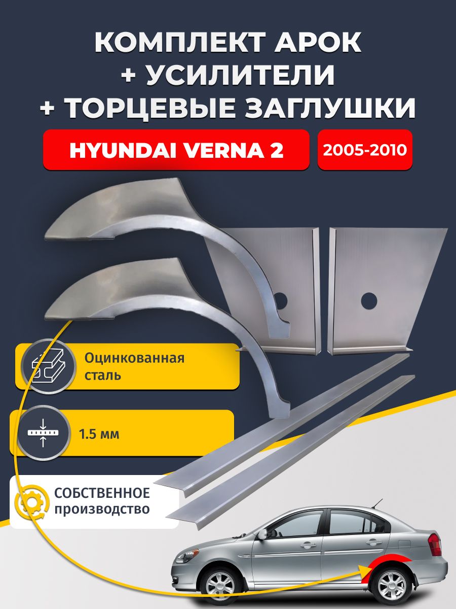 Комплект ремонтных задних арок (0,8 мм) + торцевые заглушки (1,5 мм) + усилители (1,5 мм) на Hyundai Verna 2 2005-2010 седан (Хендай Верна 2). Оцинкованная сталь