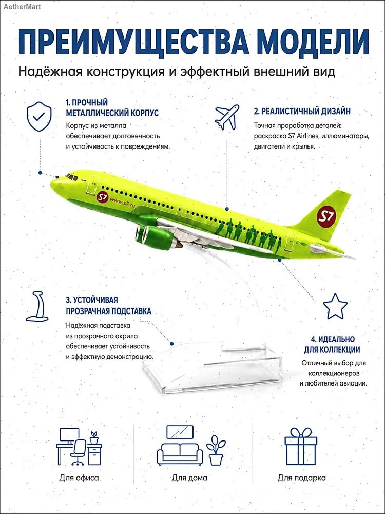 Металлическая модель самолета S7 Airbus A320 (15*15*7 см)