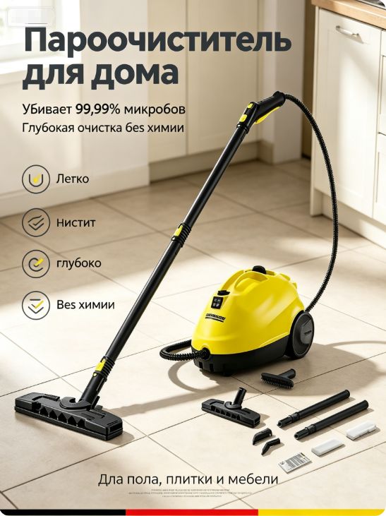 Пароочиститель Karcher SC 2 EasyFix для уборки дома, очистка без химических средств, комплект насадок для пола, плитки и мебели, арт.1.512600.0