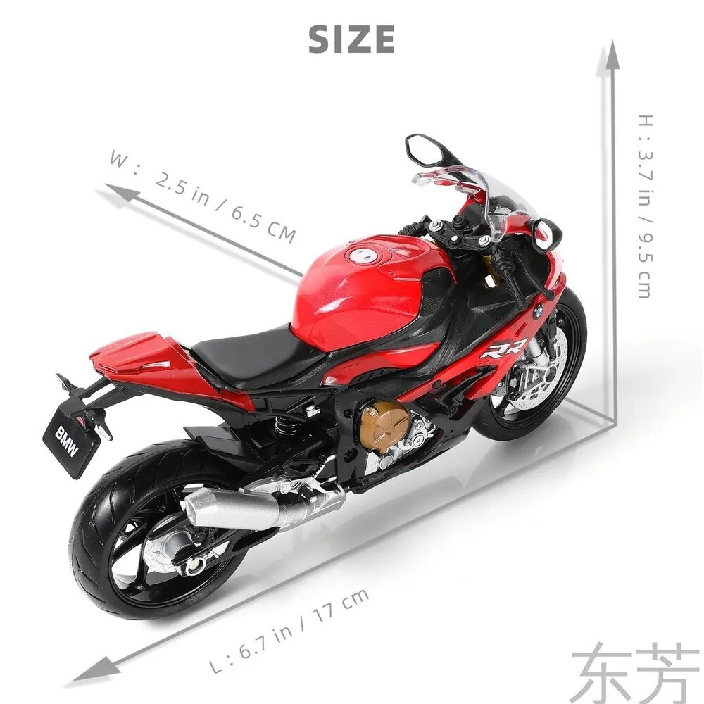 Эксклюзивная миниатюрная копия мотоцикла BMW S1000RR в масштабе 1:12, изготовленная из металла с деталями из пластика, представлена в красном цвете и полностью готова к демонстрации, не требуя сборки