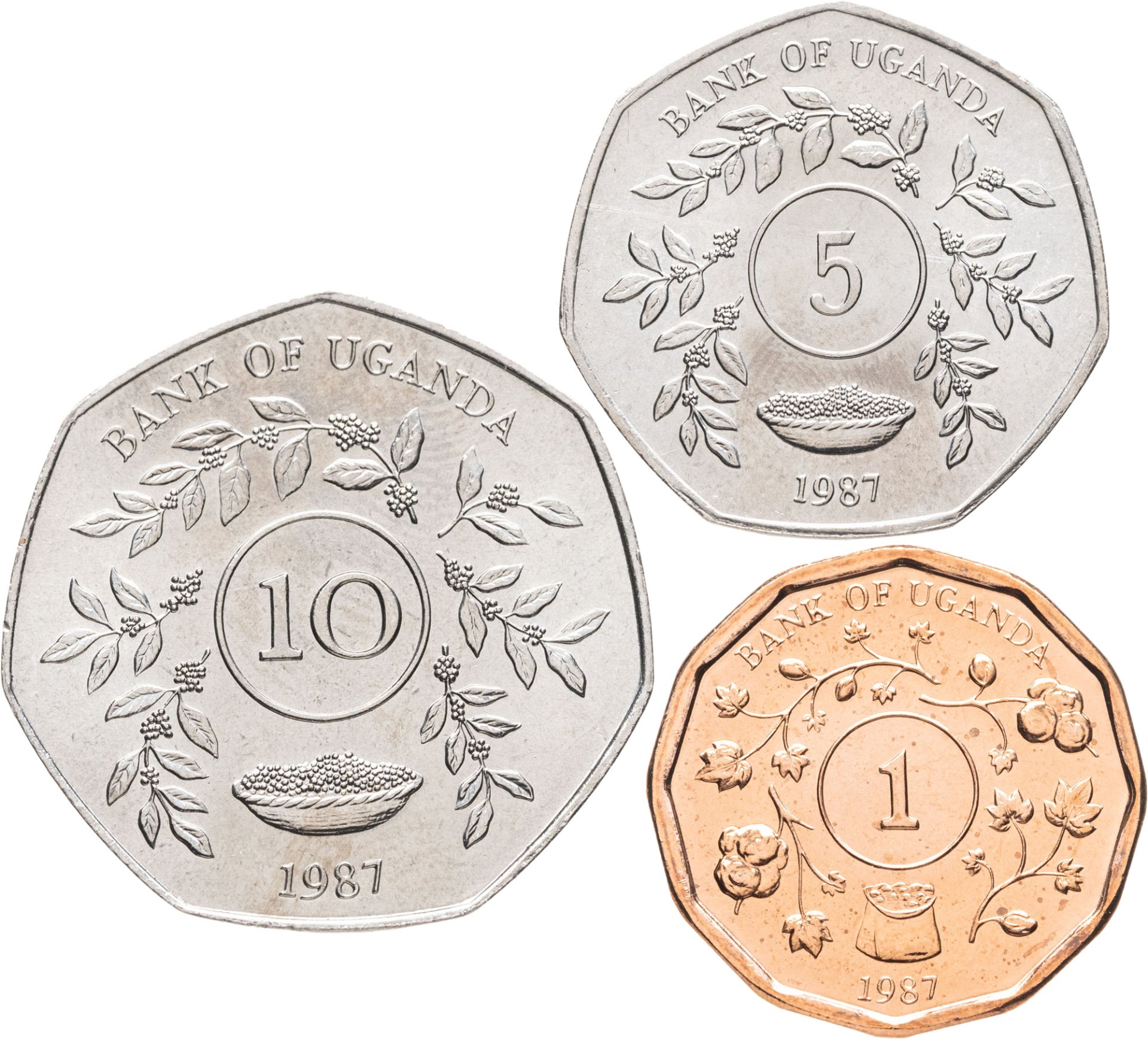 Уганда набор из 3 монет 1, 5 и 10 шиллингов 1987, Другой, в сохранности UNC