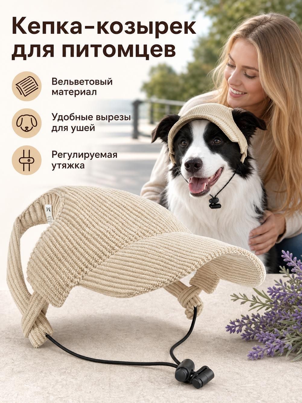 Кепка для собак и кошек из мягкого кордура с козырьком от солнца, прорези для ушей, регулируемый подбородочный ремень, размеры S/M/L