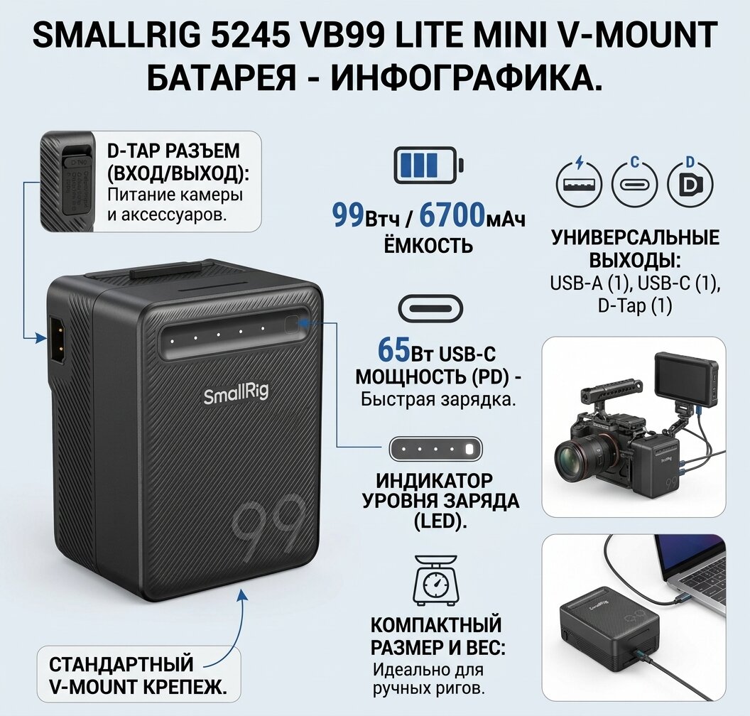 SmallRig 5245 VB99 Lite mini V Mount 100W 6800мАч PD 3.0 BMS