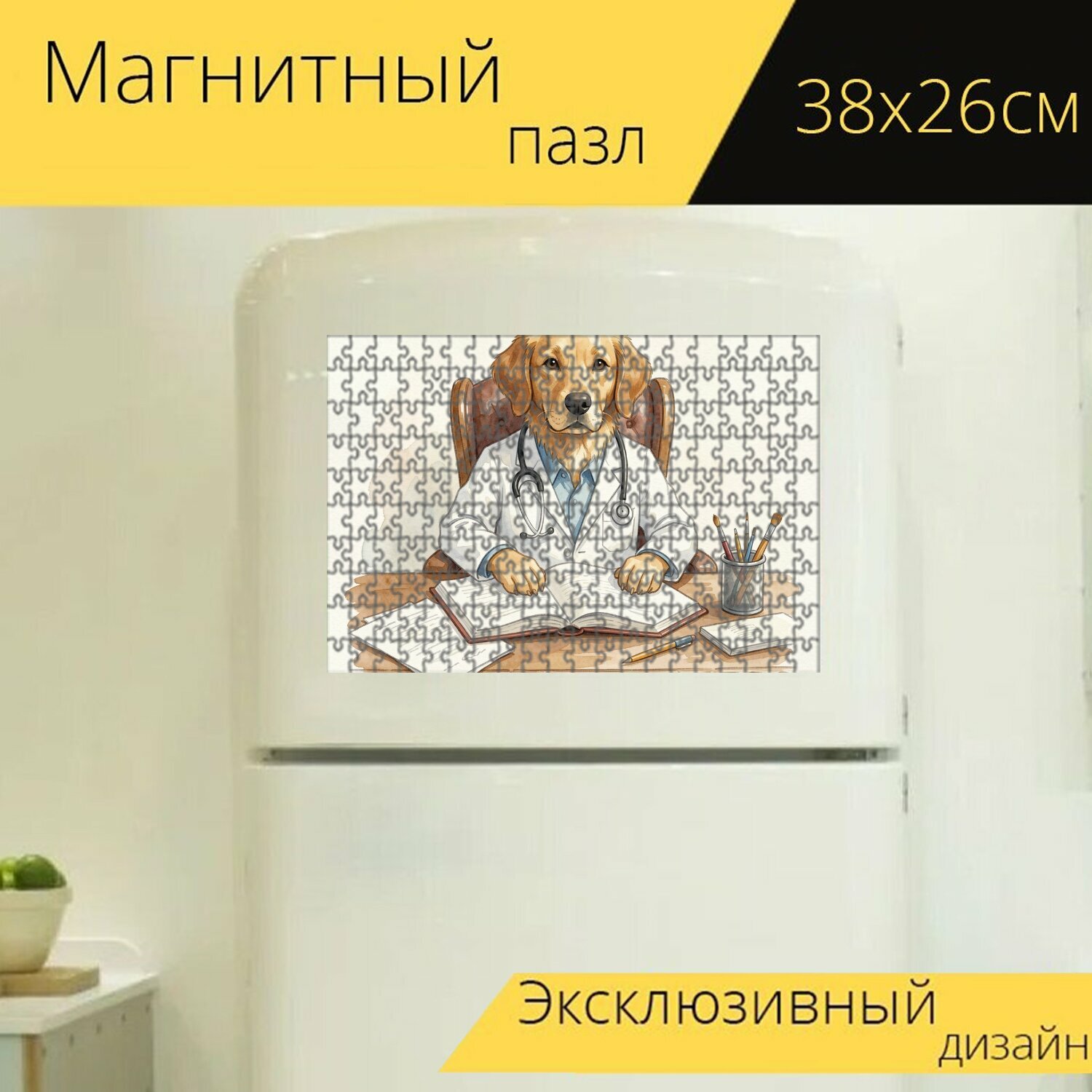 Магнитный пазл "Собака врач за столом. Акварельная иллюстрация золотистого ретривера в белом халате со стетоскопом, сидящего в кресле с раскрытой книгой." для интерьера, 38х26 см.