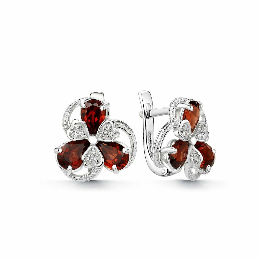 Серьги, серебро, 925 проба, родирование, фианит, гранат