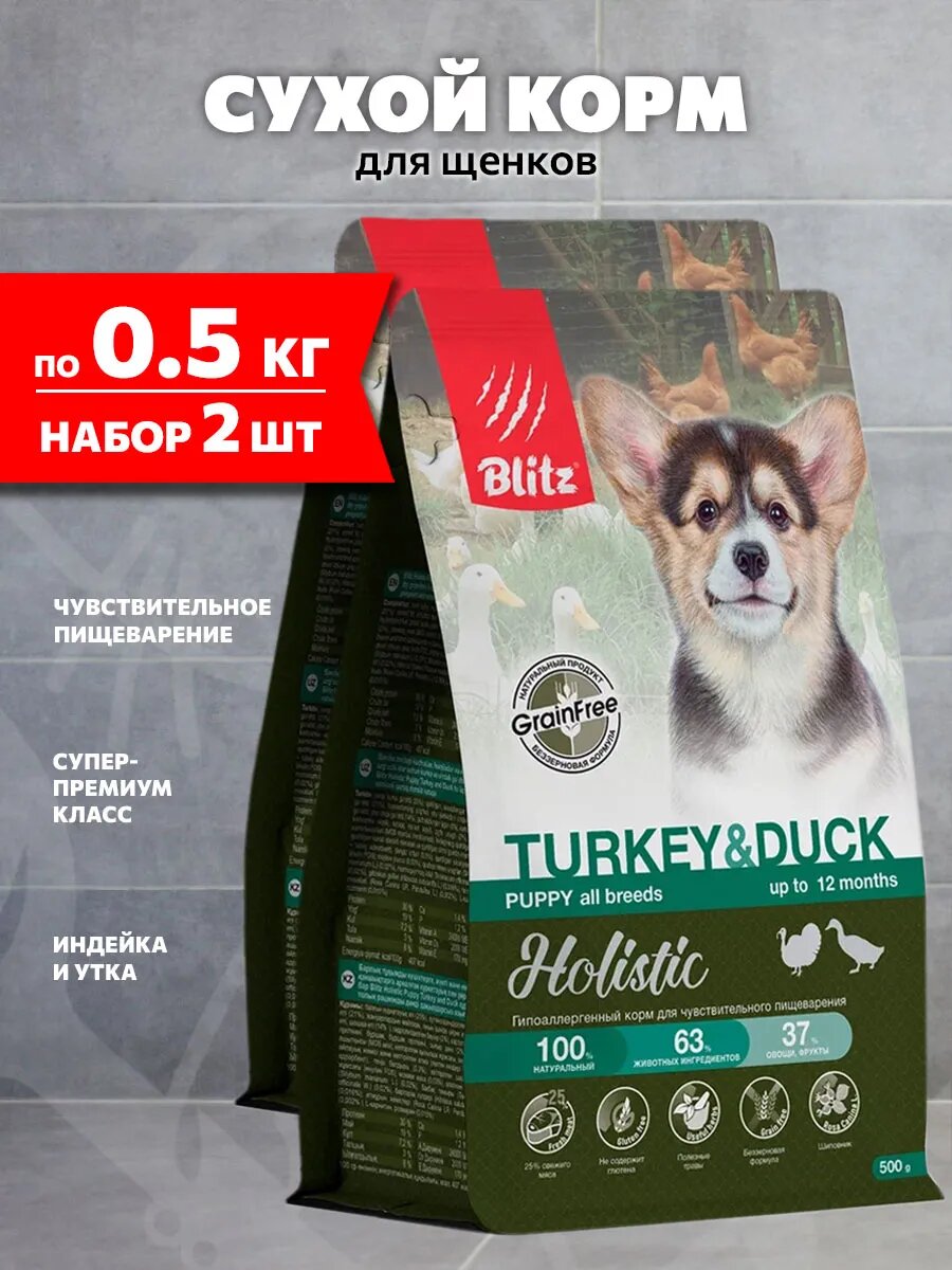 Сухой корм Blitz Holistic Puppy Turkey & Duck беззерновой для щенков всех пород, беременных и кормящих сук с чувствительным пищеварением индейка и утка, 0,5 кг х 2 шт