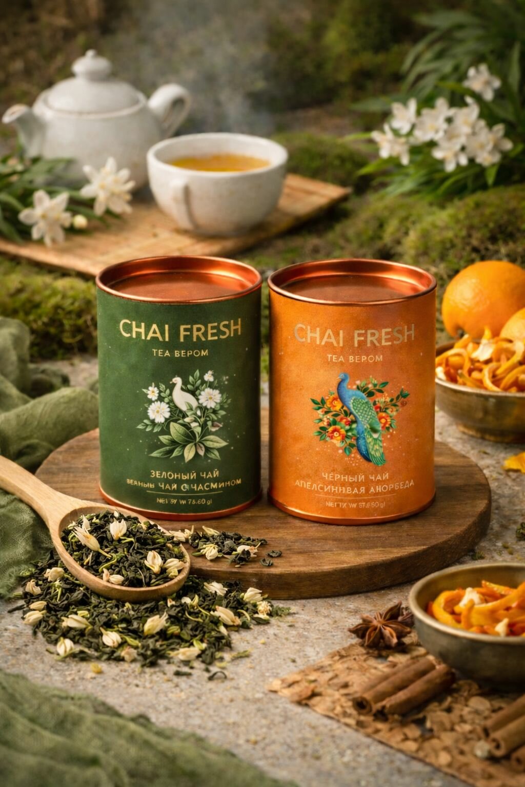 Чай подарочный набор CHAI FRESH: Чай зелёный с жасмином и чай черный листовой апельсиновая аюрведа / Натуральный состав, 120 г