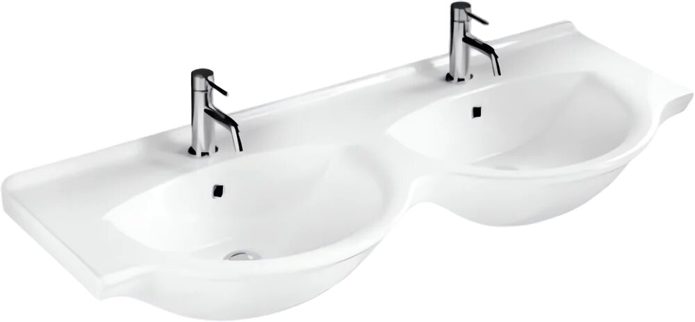 Раковина подвесная Hatria Sophie Y0Q501 125 двойная, на 2 смесителя, фаянсовая, раковина для ванной, белая, глянцевая, полукруглая, со встроенным сливом-переливом