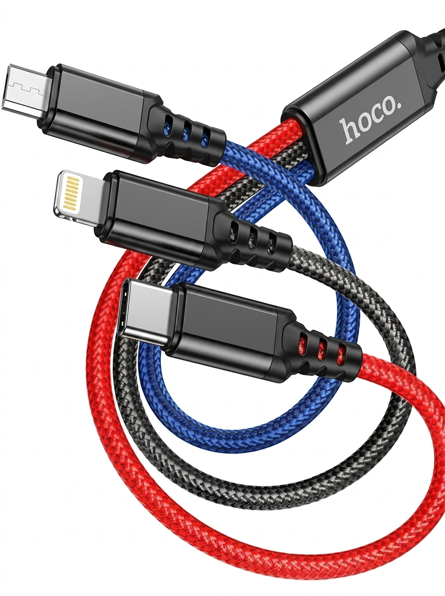 Кабель для зарядки телефона 3в1 / USB to Type-С + Lightning + microUSB / 1м / 2A, разноцветный