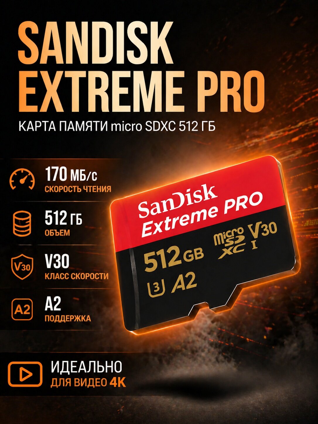 Карта памяти SanDisk Extreme Pro, 512ГБ, MicroSD, UHS-I, V30