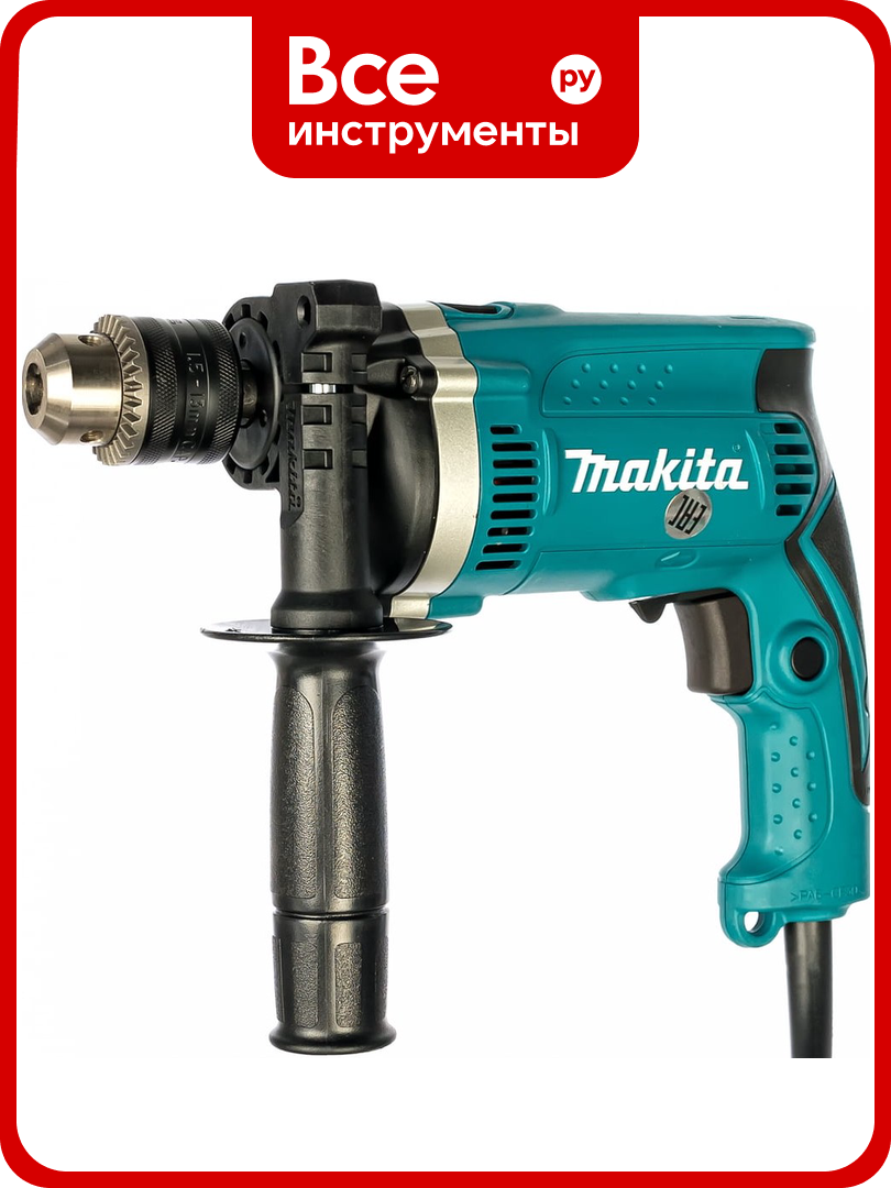 Ударная дрель Makita HP1630K с реверсом, щеточным двигателем, ключевой патрон, одноступенчатая регулировка оборотов