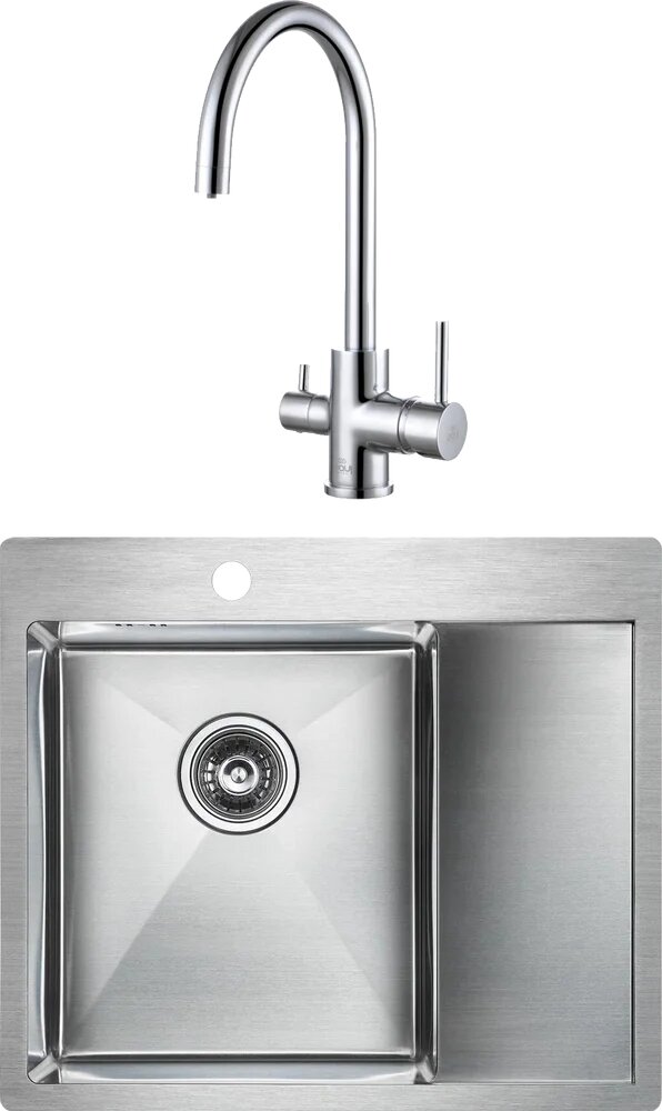Комплект Мойка Paulmark Kroner PM225951-BSL 59x51, брашированная нержавеющая сталь, нержавеющая сталь / Смеситель Essen Es213211-CR глянцевый хром, глянцевый хром