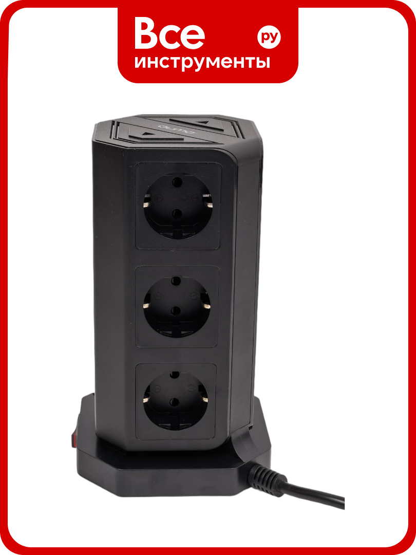 Сетевой фильтр QUMO Power Tower PRO PD 8SP4U P-0004 с девятью розетками, четырьмя USB‑портами (USB‑C) и предохранителем