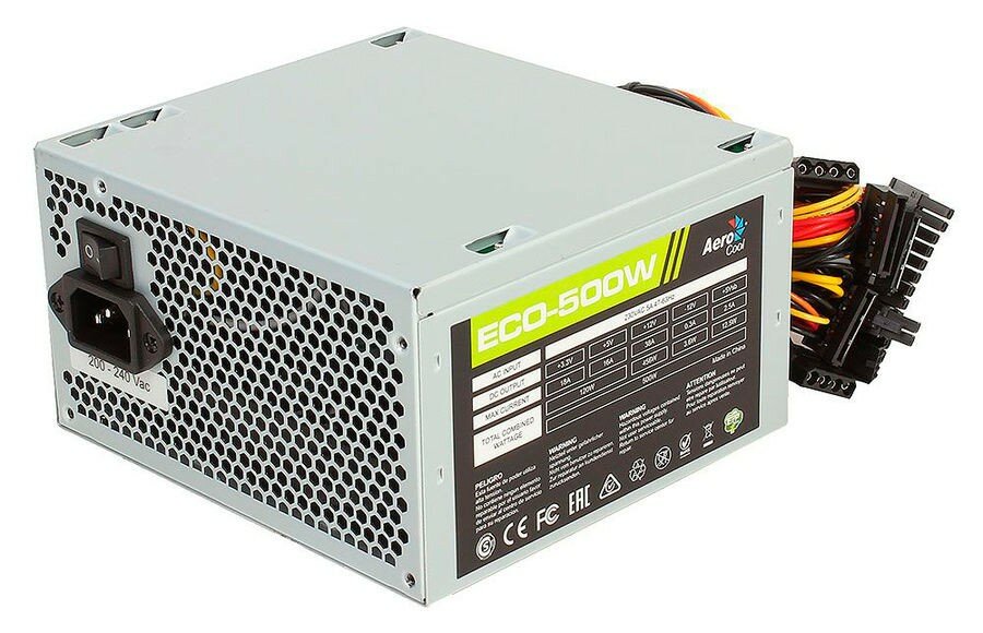 Блок питания Aerocool ECO-500W ATX v2.3 Haswell, fan 12cm, 400mm cable, power cord, 20+4P, 12V 4P, 1x PCI-E 6P, 3x SATA, 2x PATA, 1x FDD