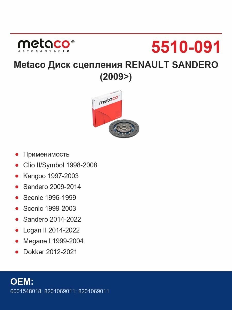 Metaco Диск сцепления RENAULT SANDERO (2009>)