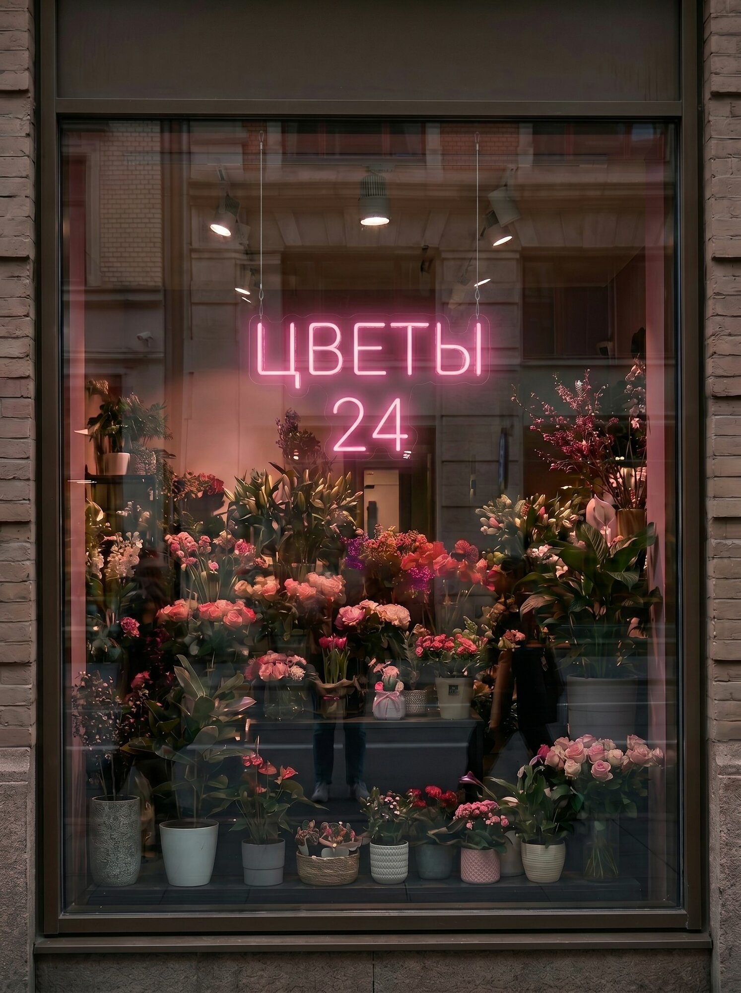 Неоновая вывеска "цветы 24" 65х40см, неоновая надпись, LED светильник для цветочного магазина