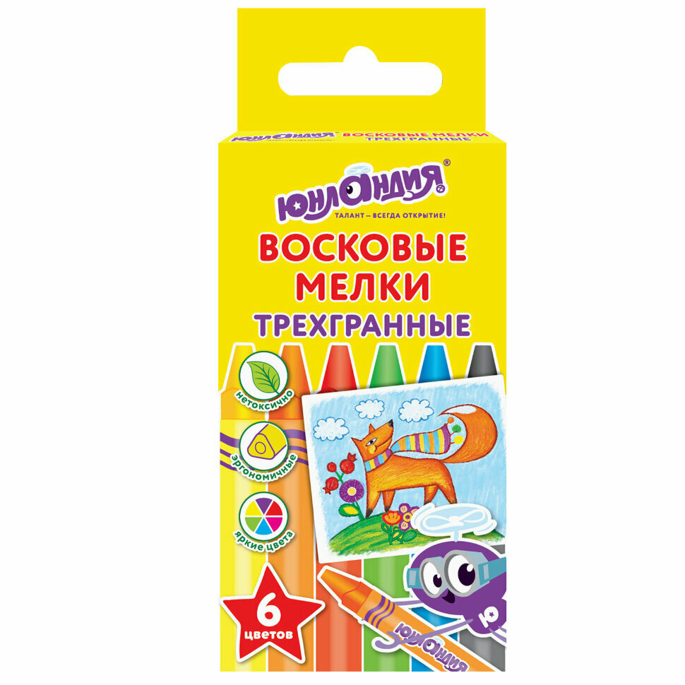 Восковые мелки трехгранные юнландия "юнландик И мудрый ЛИС", набор 6 цветов, 227288, 227288