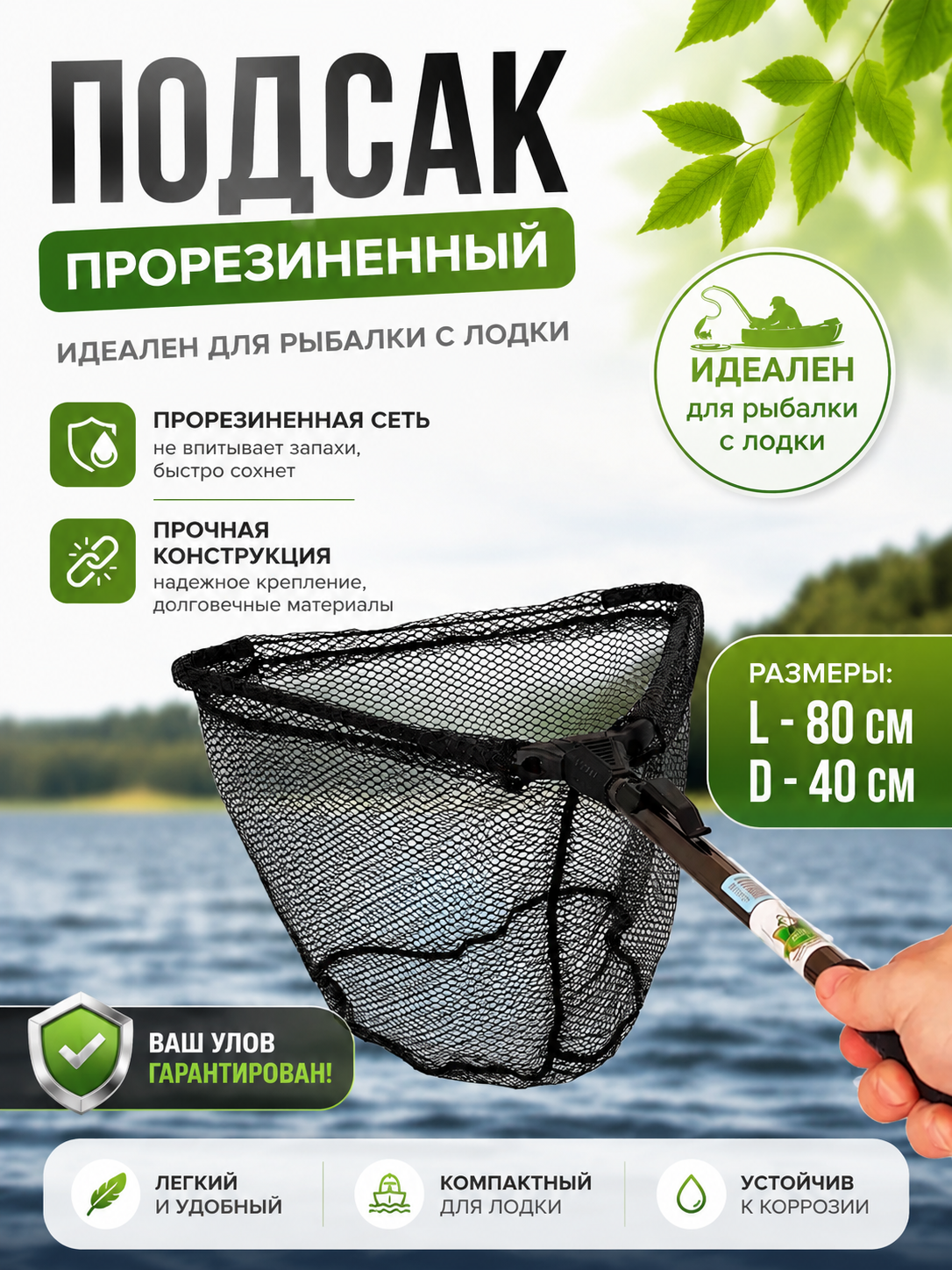 Подсак рыболовный / подсачек прорезиненный / для ловли с лодки
