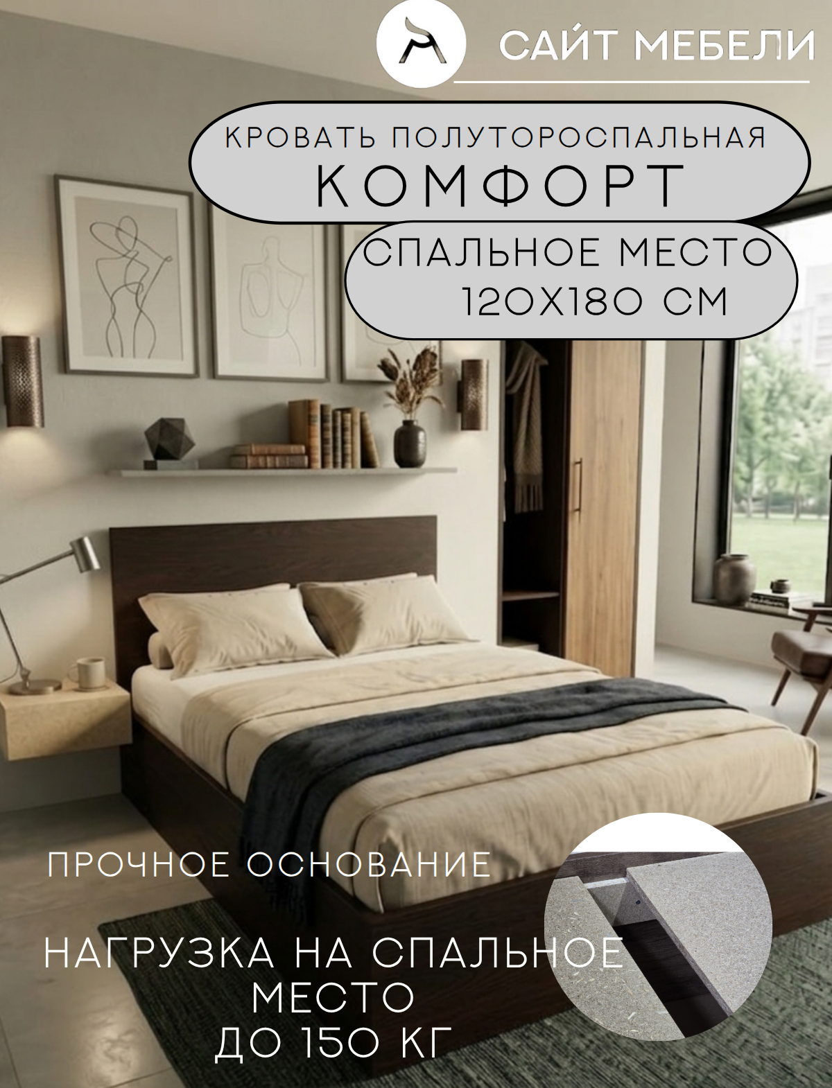 Кровать ЛДСП размер сп. м. 120х180 см, Венге (настил в комплекте), усиленная