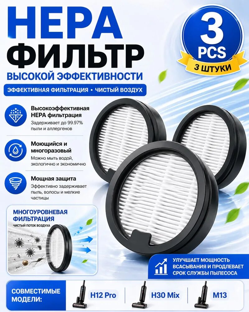 HEPA фильтр (3 шт.) для пылесоса H12 Pro H20mix H30mix M13