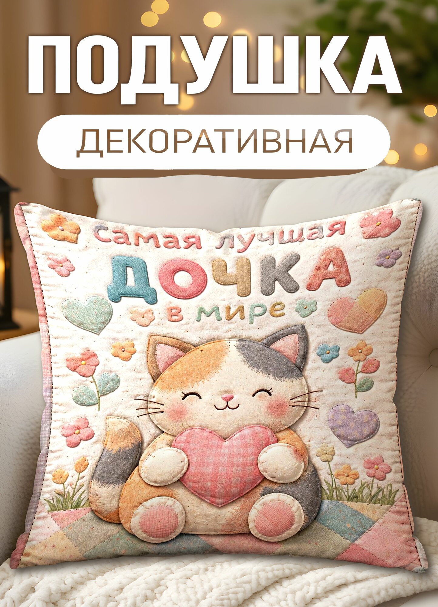 Подушка декоративная Котик с сердечком Самая лучшая дочка