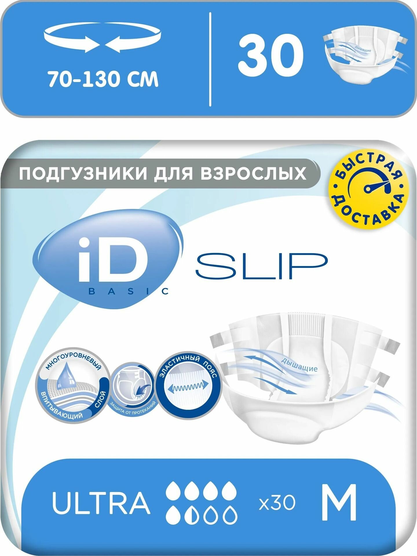 Подгузники для взрослых размер M iD Slip Basic для средней степени недержания- 30 шт Уцененный товар