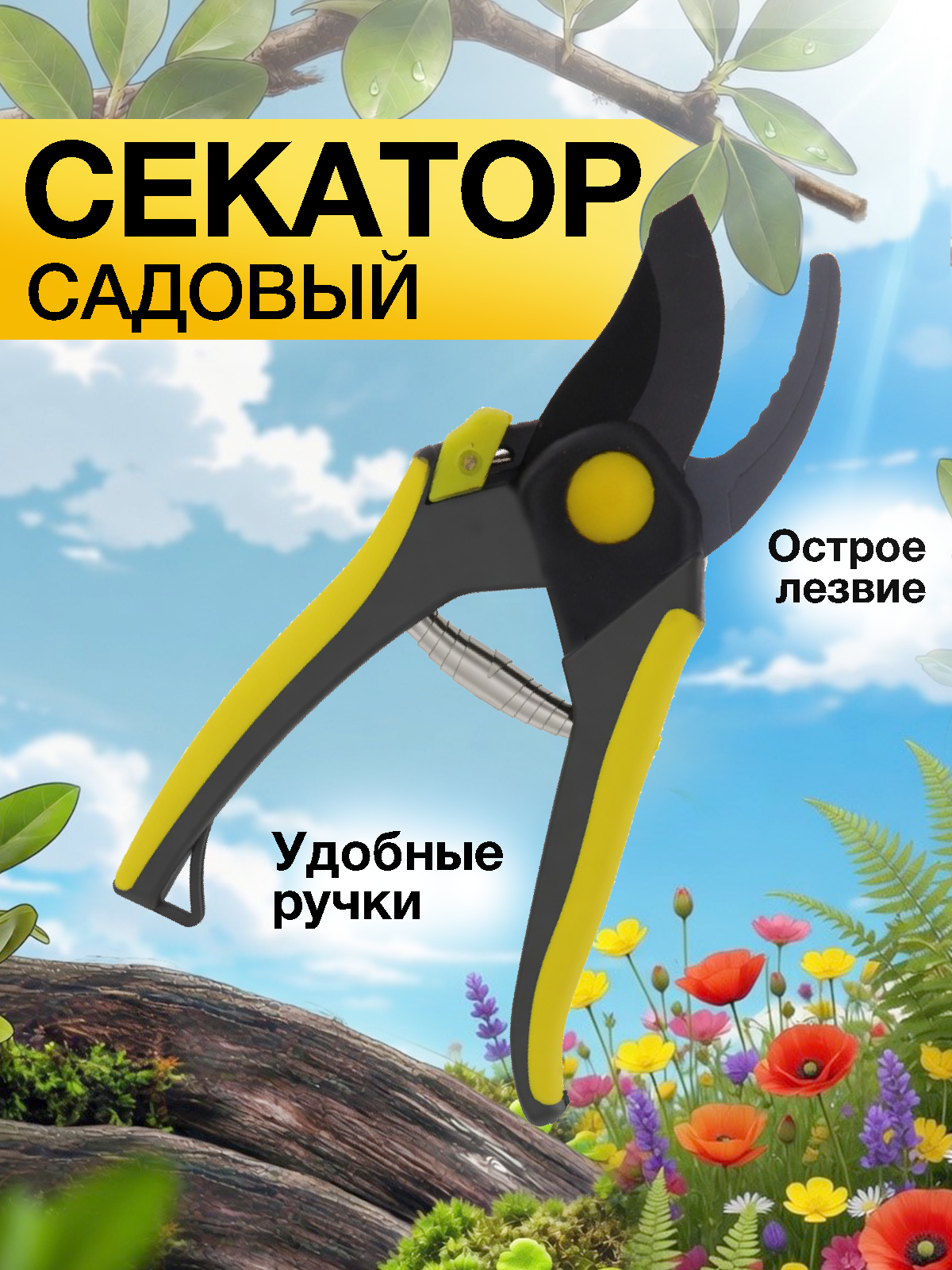 Секатор плоскостной 8" (20см) "Макси" пластиковые прорезиненные ручки ДоброСад