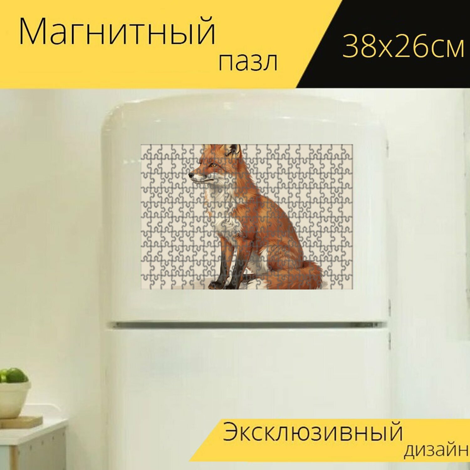 Магнитный пазл "Рыжая лиса в сидячей позе. Изящная лесная хищница с белой грудкой и пушистым хвостом, выполненная в мягкой акварельной манере. Теплые." для интерьера, 38х26 см.