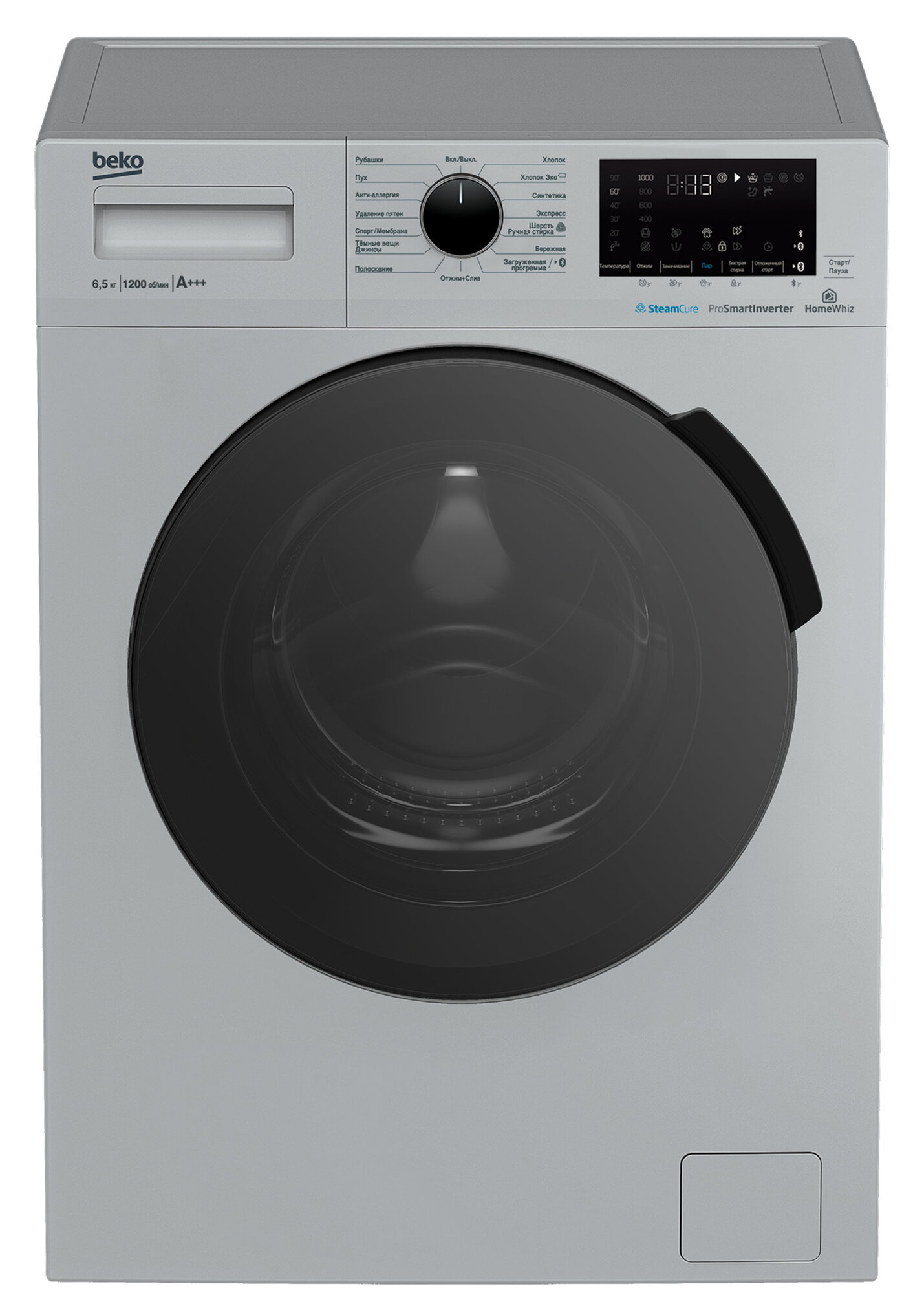Стиральная машина Beko WSPE6H616S серебристый, инвентарный мотор, беспроводное управление, 6.5 кг, с 15 программами, обработкой паром и блокировкой управления. Серебристый