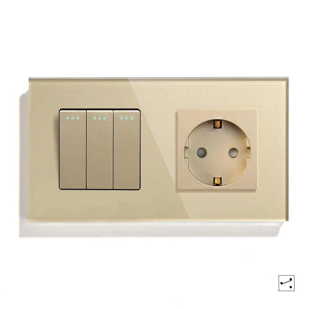 Выключатель с розеткой, 3 клавиши 1 розетка, 2 поста (М3+1F) рамка стекло 157х86мм цвет золотой