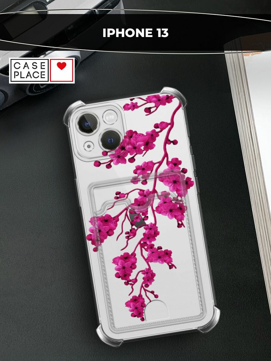 Чехол на Apple iPhone 13 (Айфон 13) с картой и принтом Яркая розовая сакура