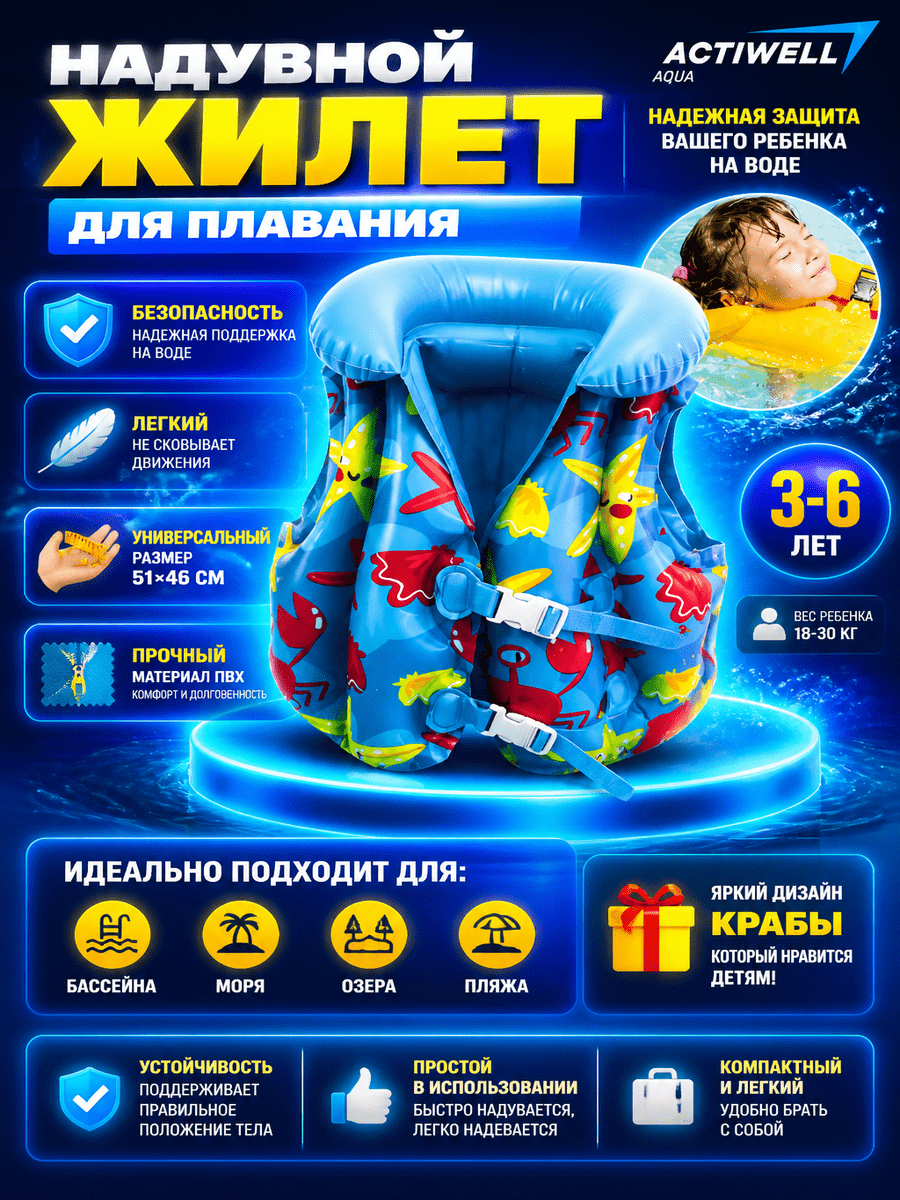 Жилет для плавания надувной ACTIWELL Crab 51х46см, Арт. DINO04