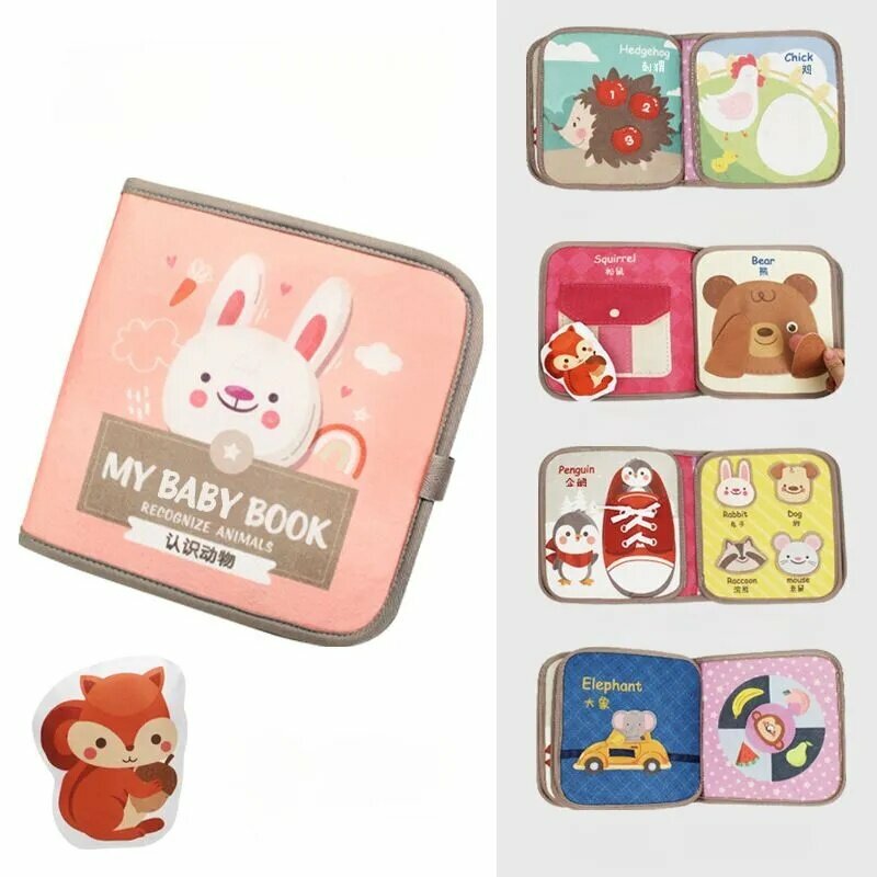 Монтессори Baby Early Educational Busy Book Познавательная книга для животных с повторяющейся наклекой, Тканевая книга, Сенсорные игрушки