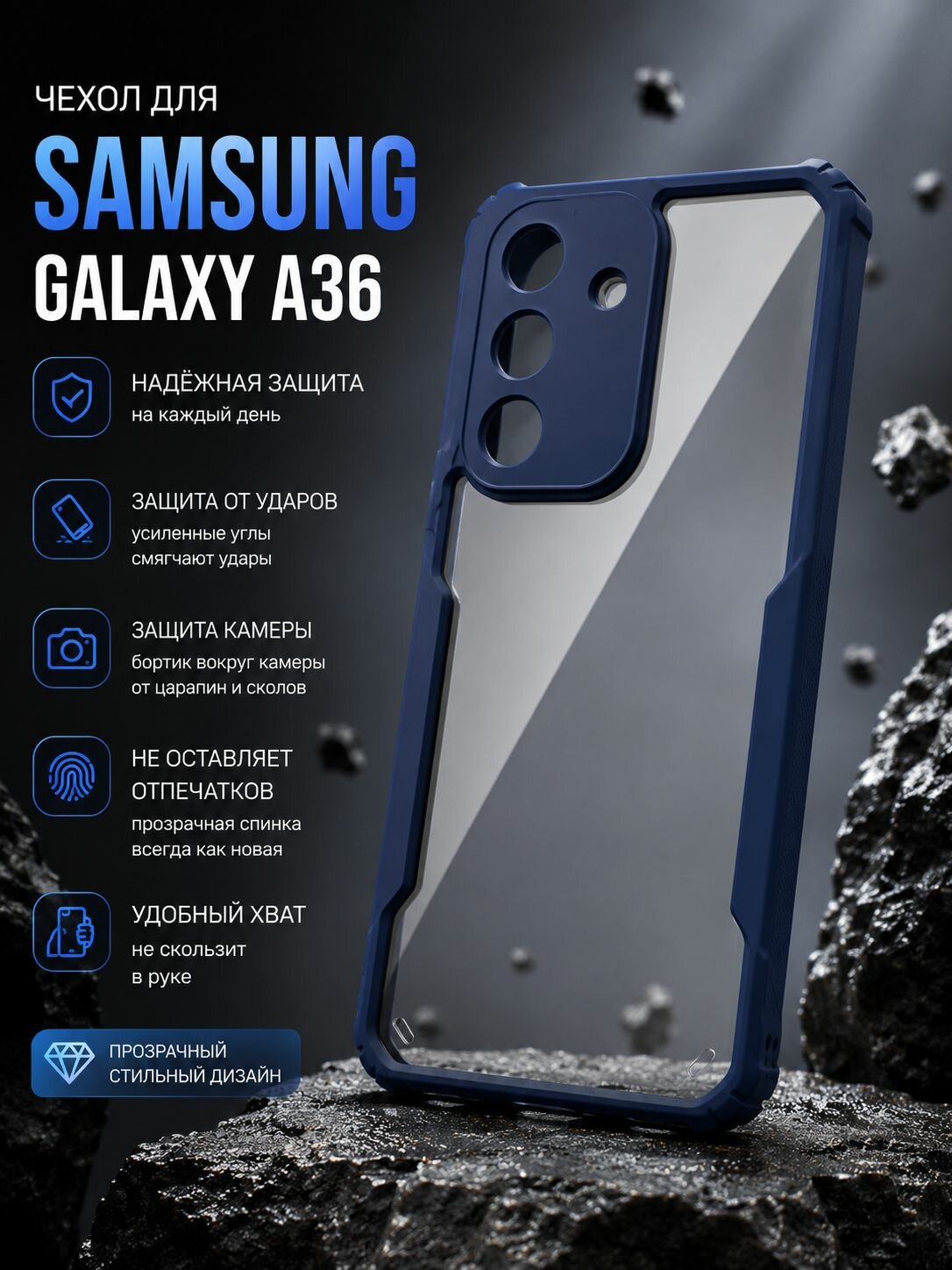 Силиконовый противоударный чехол для samsung Galaxy A36 ( самсунг Гэлэкси а36 ), с защитой камеры, прозрачный, синий, прочный и стильный