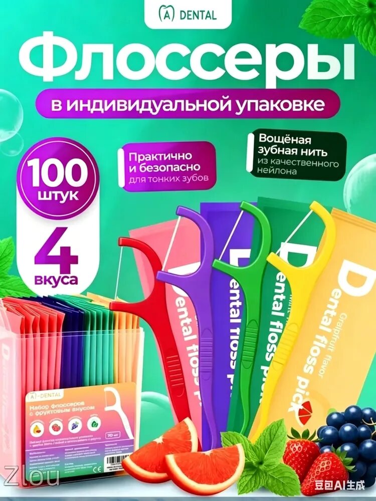 Флоссеры для зубов с фруктовым вкусом 100 шт, вощеная зубная нить и зубочистка 2 в 1 в индивидуальной упаковке для гигиены полости рта