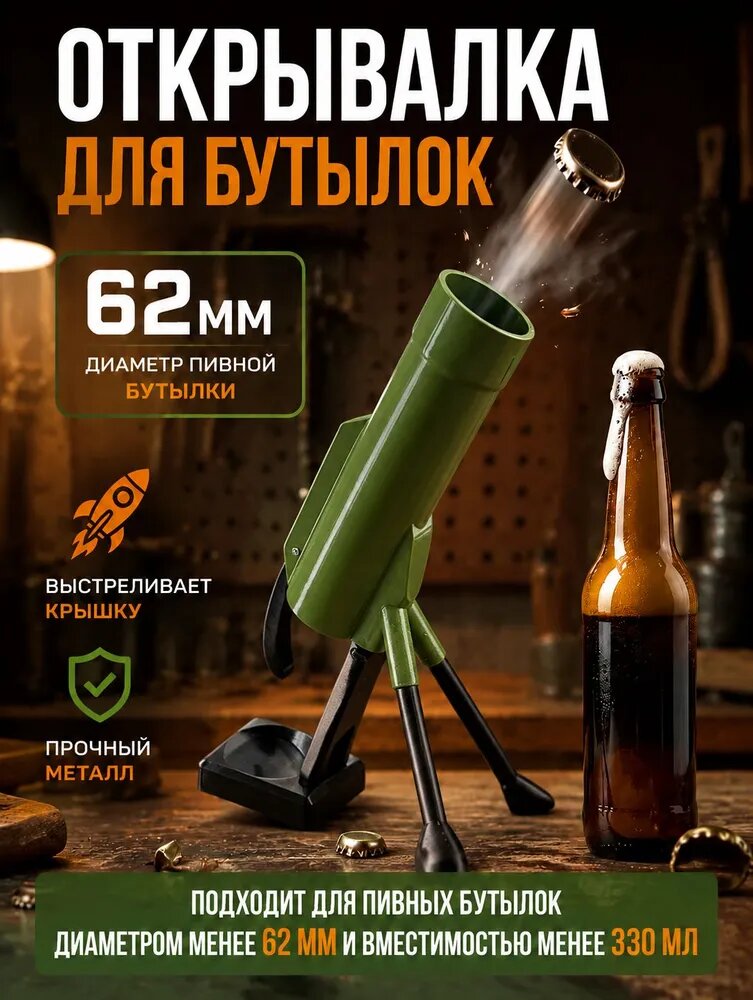Открывалка для бутылок "армейская пушка", 36 см, 1 шт, для пивных бутылок диаметром до 62 мм