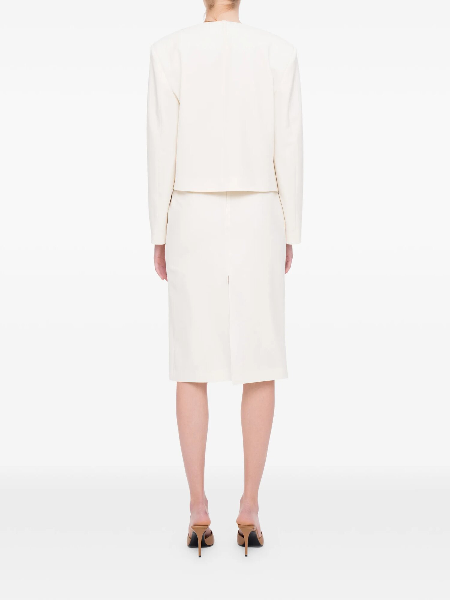 Пиджак MEDEEA Belt-detail cropped jacket, размер 40, бежевый/белый — фото 1