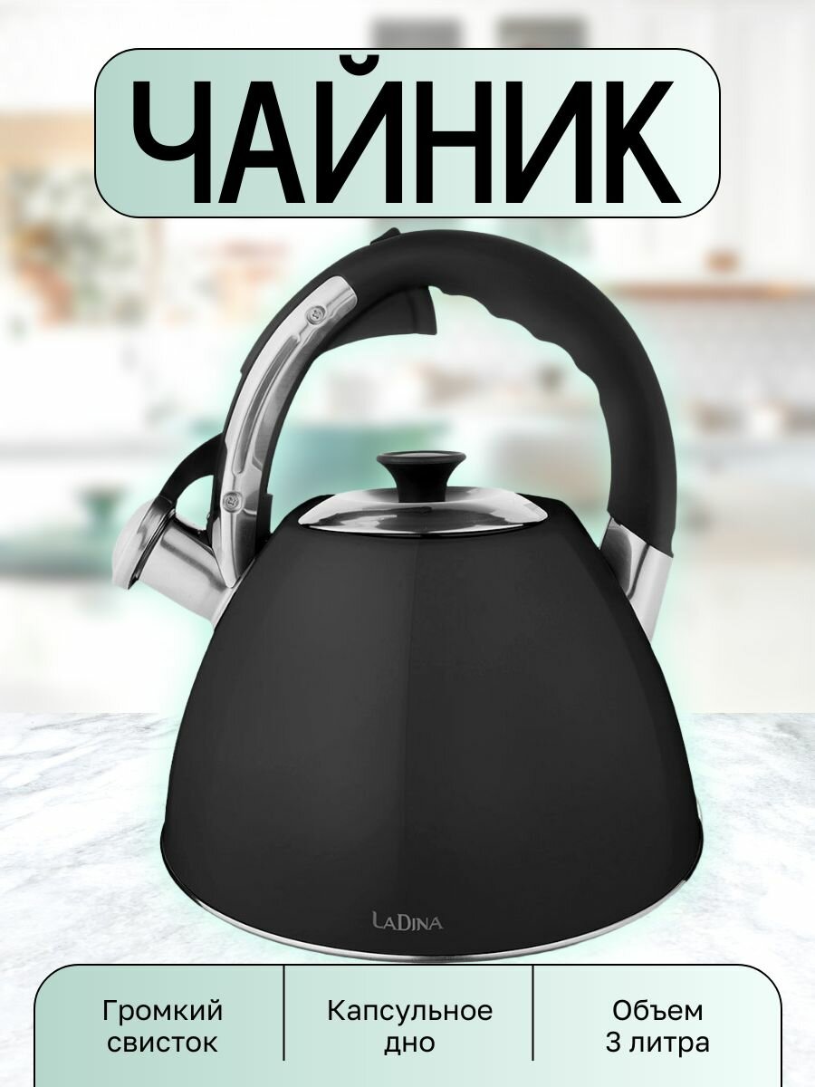 Чайник со свистком 3 л. черный/ Капсульное дно, нержавеющая сталь
