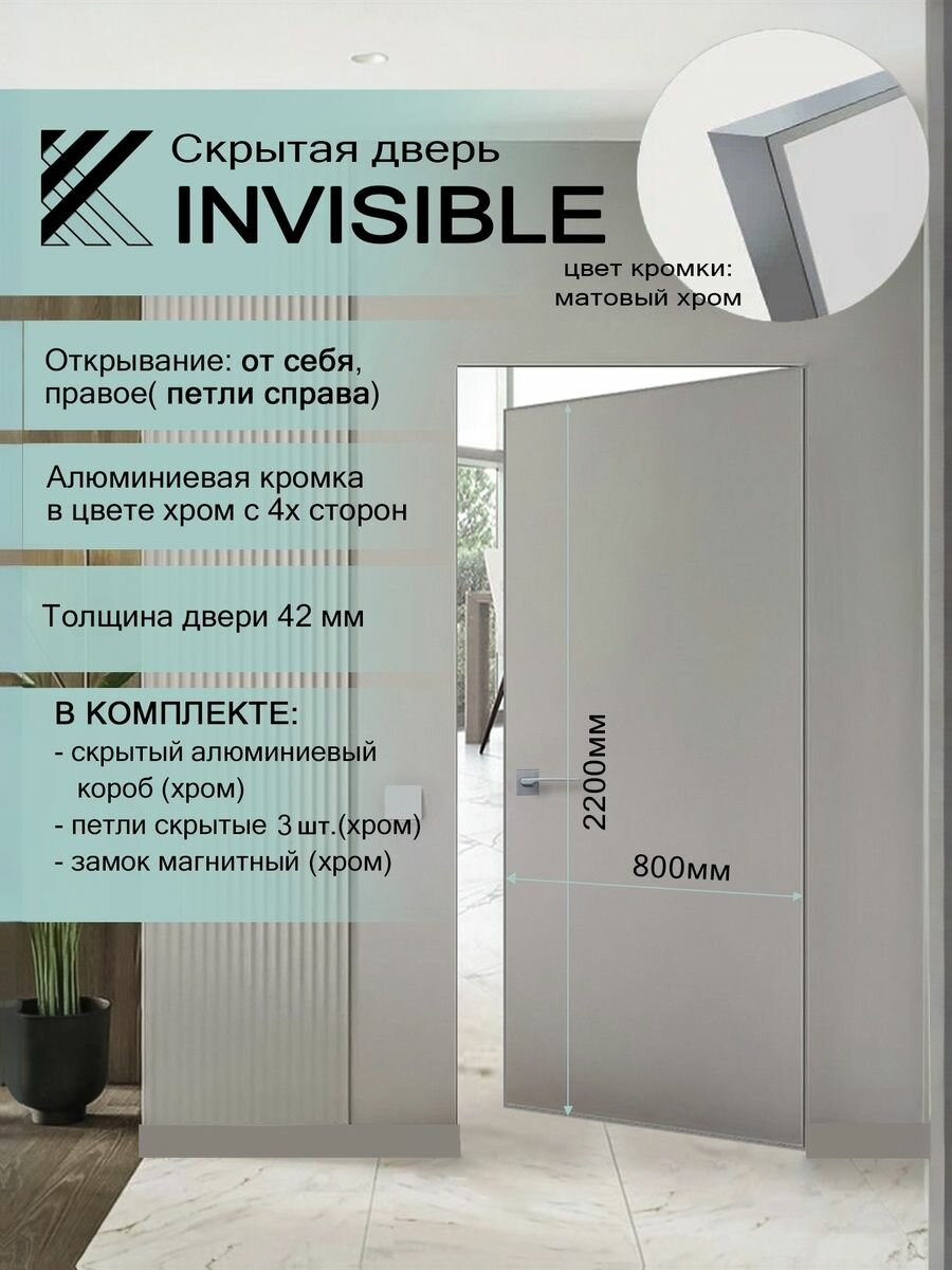 Комплект скрытая дверь под покраску 800x2200, открывание от себя, петли справа, кромка хром