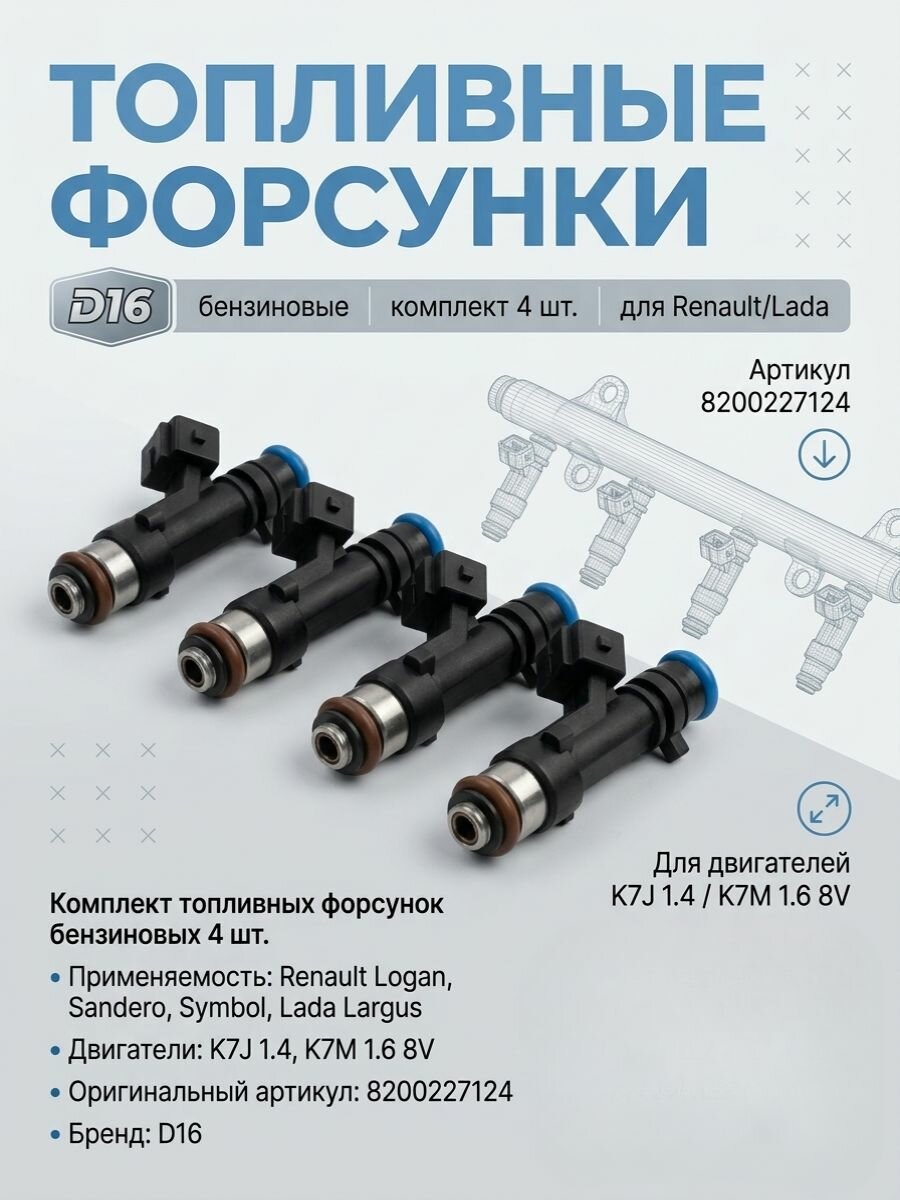 Комплект топливных форсунок бензиновых 4 шт. для Renault Logan, Sandero, Symbol, Lada Largus (двигатели K7J 1.4 / K7M 1.6 8V), инжекторы набор, артикул 8200227124, бренд D16