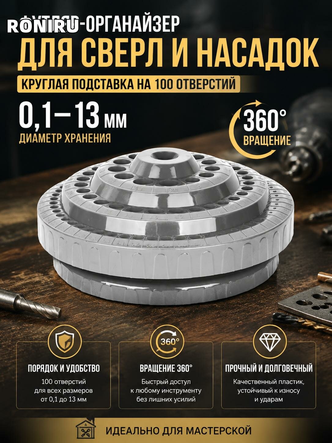 Футляр-органайзер для сверл и насадок с вращением 360° — круглая подставка на 100 отверстий 0,1–13 мм для мастерской