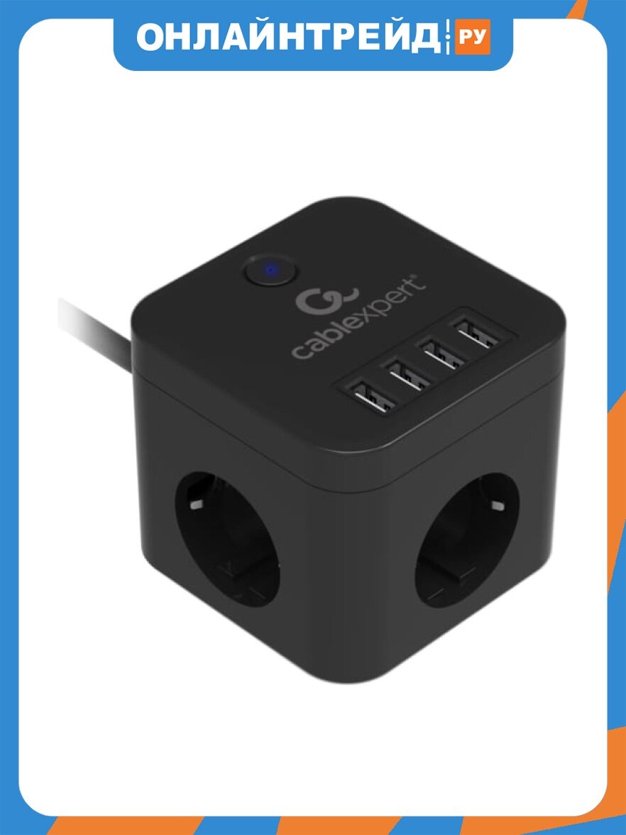 Сетевой фильтр Cablexpert Cube, 3 розетки, 4хUSB, 1.5м, черный, коробка