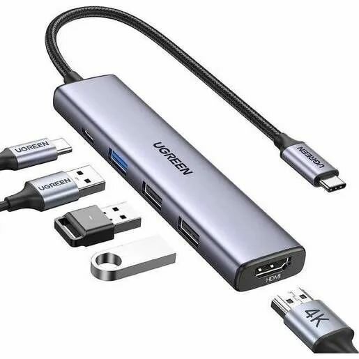 Конвертер UGREEN CM478 (15495) USB-C To HDMI+1xUSB3.0 A+2xUSB2.0 A+PD Power Converter. Цвет: серый