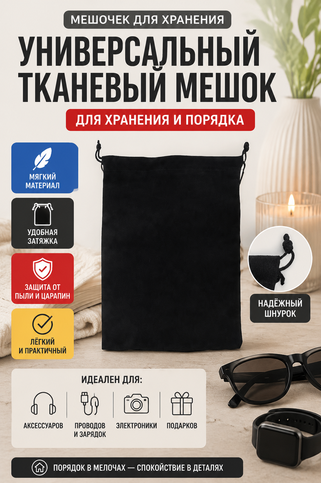 Мешок-сумка черный с шнурком для хранения вещей | Дорожный органайзер | Для путешествий и дома | С завязками 30x40 см