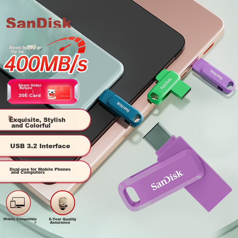 SanDisk 512GB Type-C USB3.2 двойной интерфейс флеш-накопитель фиолетовый 400 МБ/с скорость чтения авто-резервирование